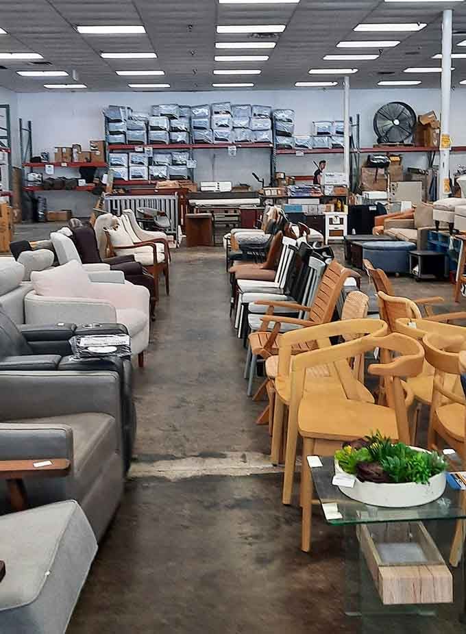 Rows of furniture stretching into the distance like a showroom that forgot to charge showroom prices for everything.