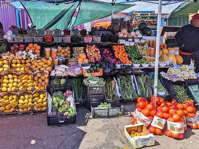 Fresh produce piled high in rainbow formations that would make any grocery store weep with envy.