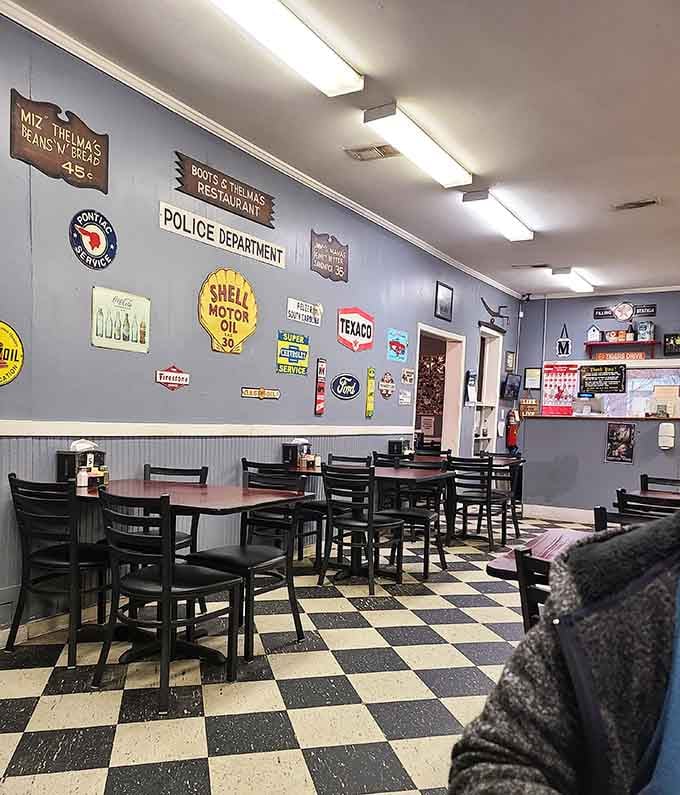 Classic checkered floors and nostalgic wall signs create the perfect time capsule for your morning meal.