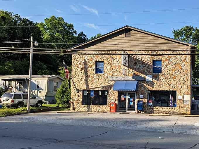 The stone-faced building downtown proves that authentic character can't be manufactured, only earned through decades of mountain living.