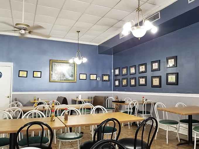 Blue walls and simple tables create the perfect backdrop for food that needs no fancy presentation.