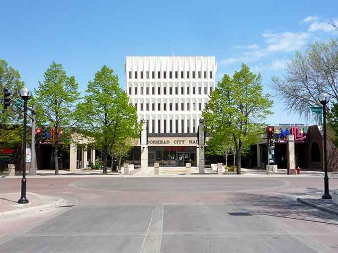Moorhead City Hall stands proudly in the plaza, a modernist statement proving government buildings don't have to be boring.