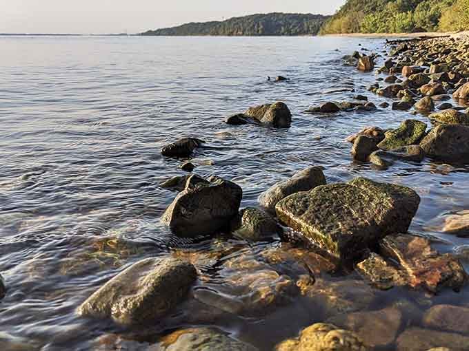 These moss-covered rocks along the shoreline create a natural sculpture garden that changes with every wave.