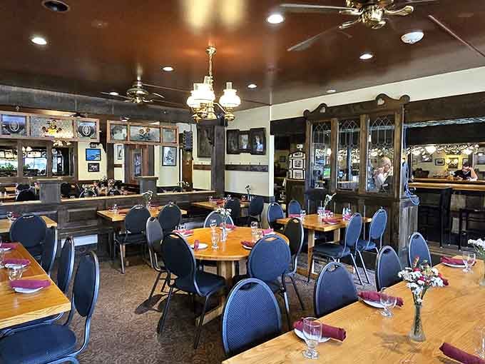 Step inside and you're transported to a traditional German biergarten, complete with wooden tables and Old World charm.