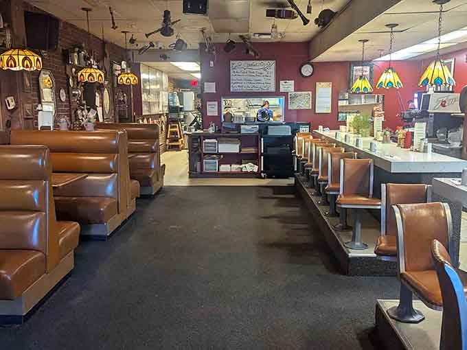 Brown vinyl booths and Tiffany lamps create the kind of diner atmosphere that makes you want to order everything twice.