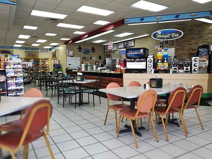 Gas station dining never looked so inviting, with tables ready for serious Cajun feasting instead of quick snacks.