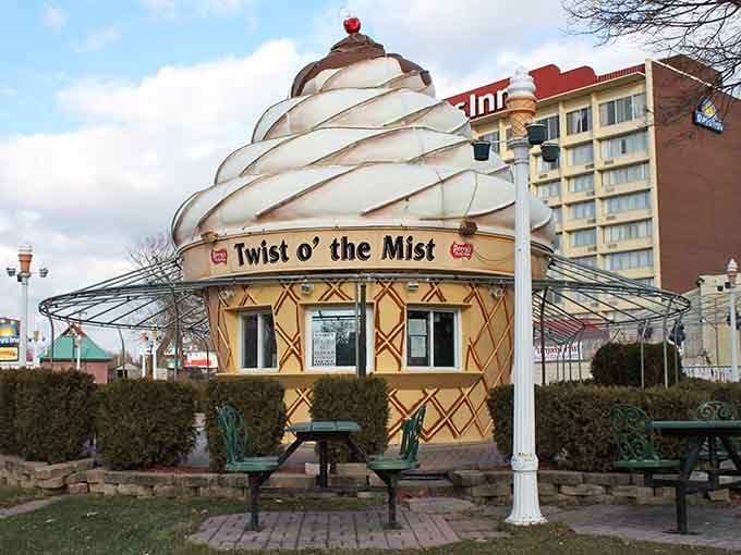 Twist O' The Mist stands ready to serve soft-serve dreams in a building shaped like dessert itself.
