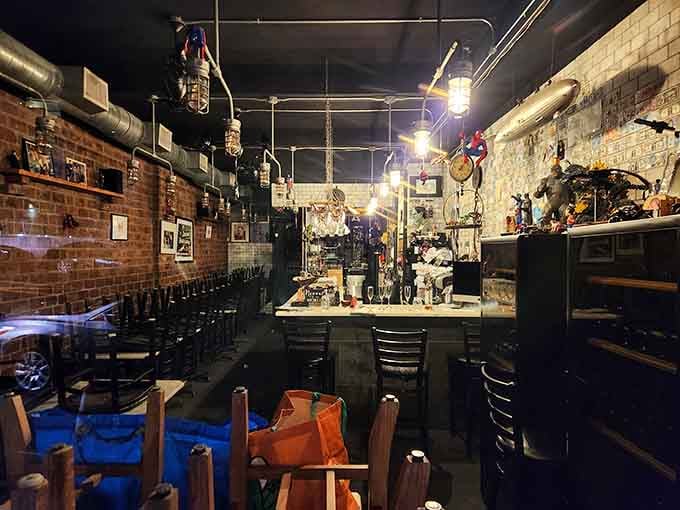 Exposed brick, twinkling lights, and enough cultural artifacts to fill a museum make this dining room feel like home.