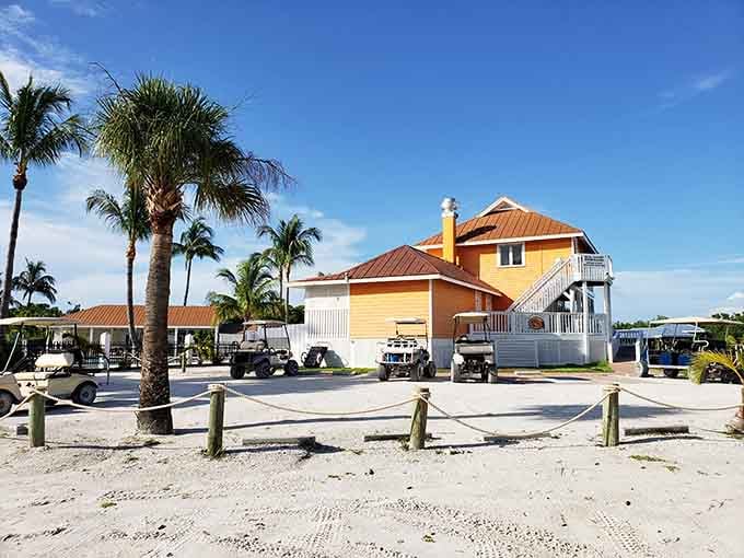 Golf carts and sandy paths define island transportation here, where the biggest traffic jam is two carts passing.