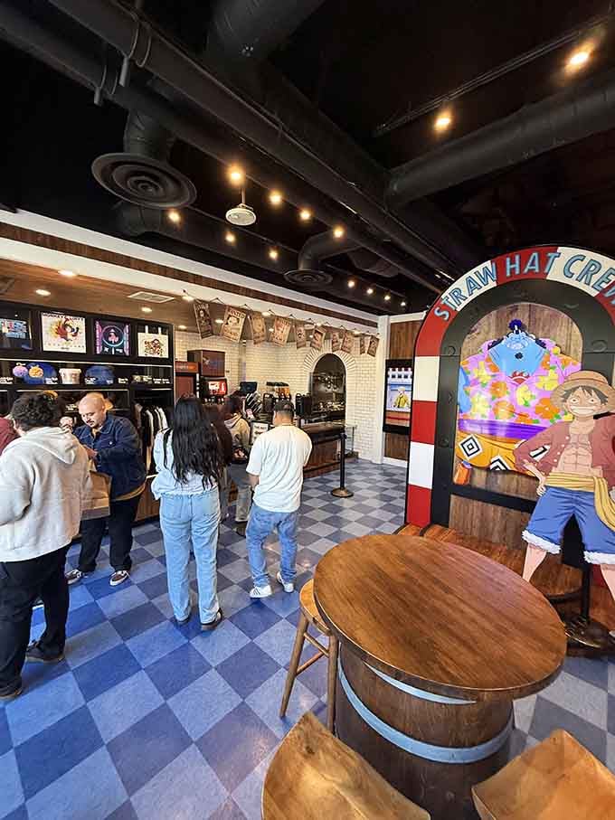 Step inside and the checkered floors lead you straight into a pirate's paradise with character cutouts everywhere.