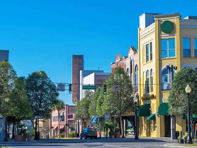 Historic buildings painted in actual colors remind you that life doesn't have to be beige.