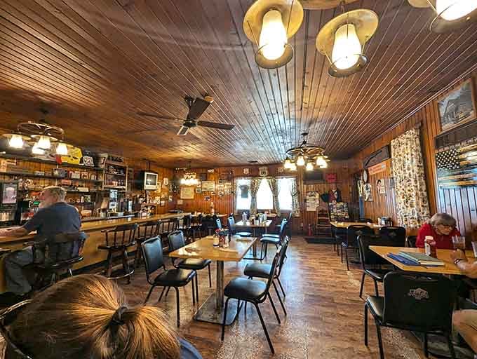 Wood paneling and corrugated metal ceilings create an atmosphere money can't buy, only time can build.