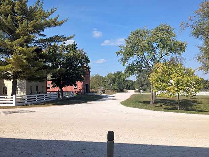 Main Street meets the 1800s on this peaceful path, where the only traffic jam involves horse-drawn wagons.