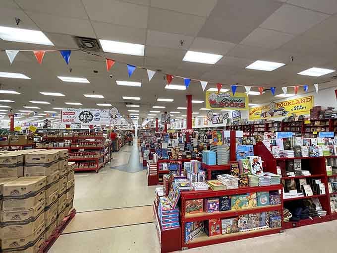 Those festive pennants overhead transform bargain hunting into something that feels like a permanent celebration.