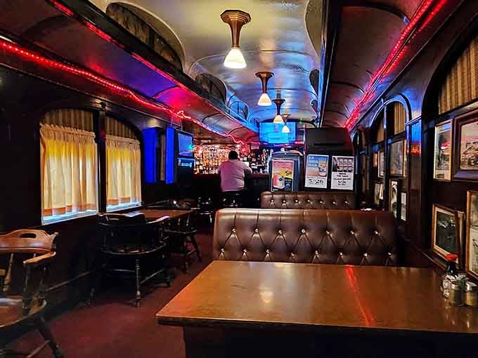 Step inside this railway car turned restaurant where tufted booths and colorful lights set the stage for dinner and dancing.