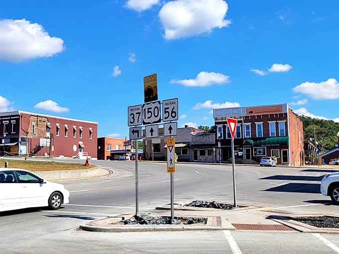 Where three highways meet, this charming intersection proves small-town Indiana still knows how to make an entrance.