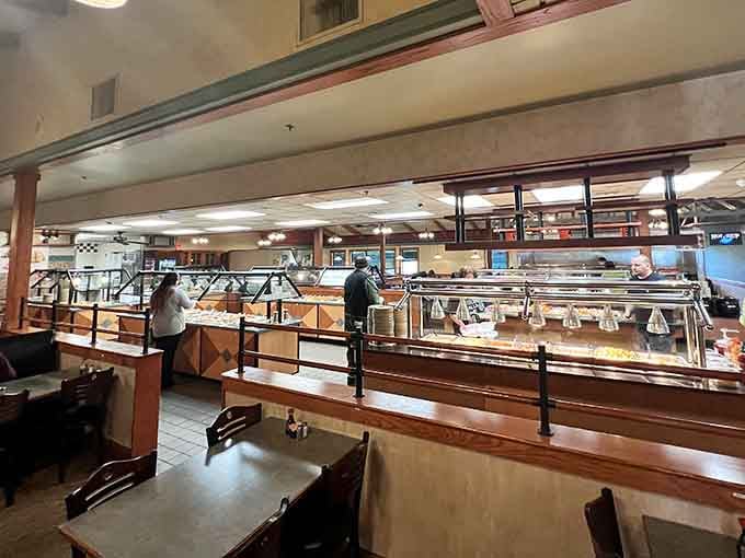 Behold the promised land: endless buffet stations stretching like a delicious horizon of pure possibility.