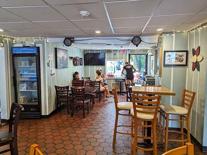 The cozy interior welcomes you like an old friend's favorite hangout spot, complete with comfortable seating.
