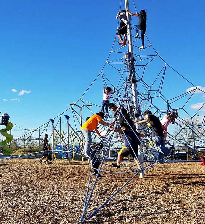 That pyramid net climber towers like a geometric mountain, daring kids to conquer heights their parents nervously photograph.