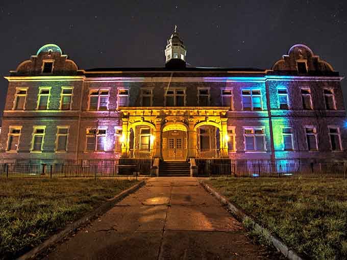 When the lights come on at Pennhurst, the buildings transform into something between beautiful and unsettling.