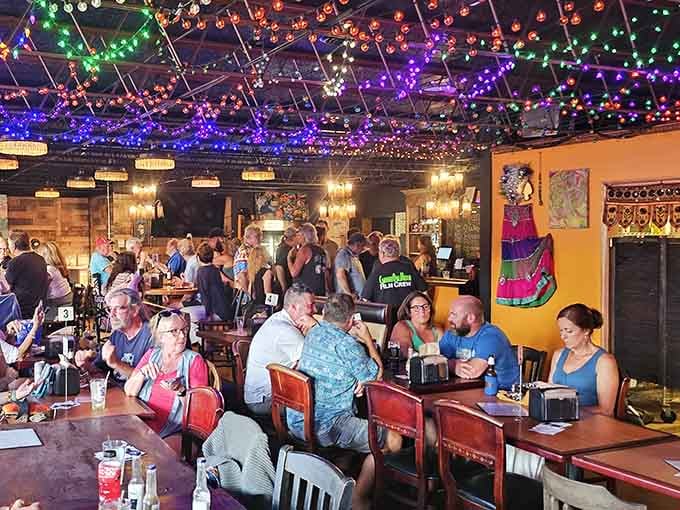 Those psychedelic ceiling lights create an atmosphere that would make even George Harrison smile with approval and wonder.