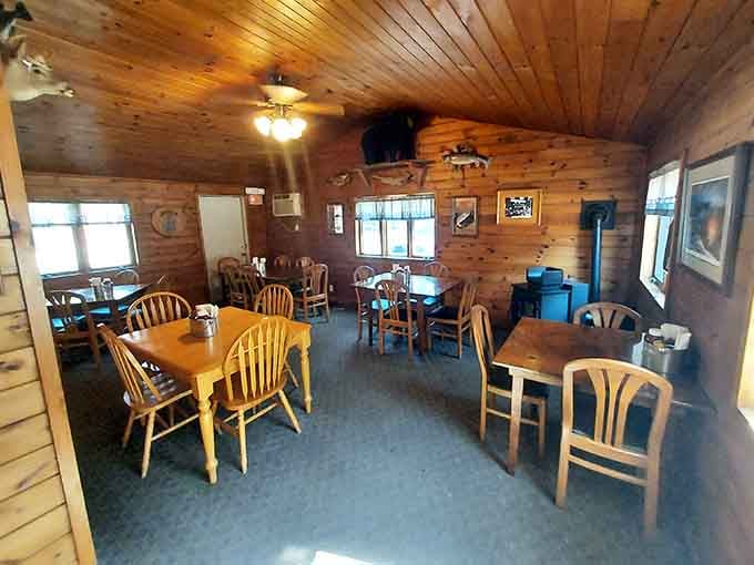 Wood paneling and mismatched chairs create the kind of cozy atmosphere where calories don't count and worries disappear.
