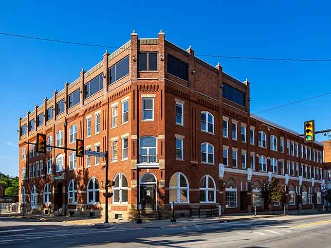 Red brick and arched windows create the kind of downtown streetscape Norman Rockwell would've loved painting.