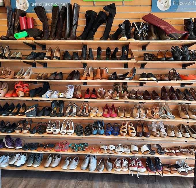 This shoe wall looks like Imelda Marcos's dream come true, except everything costs less than your morning latte.