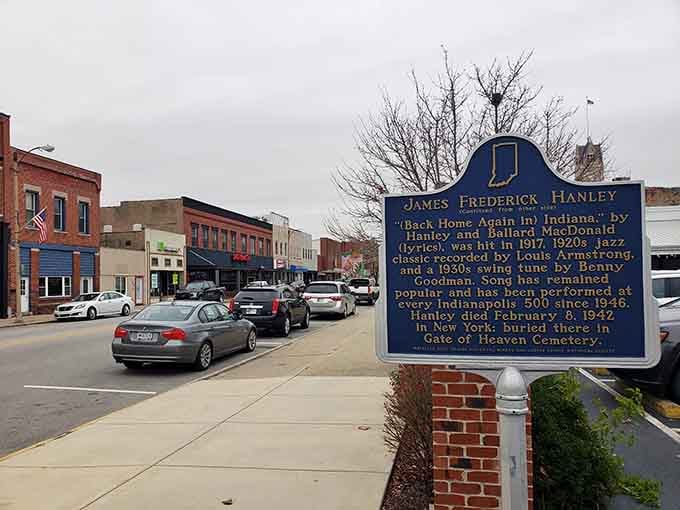 This historical marker celebrates hometown hero James Frederick Hanley, composer of "Back Home Again in Indiana."