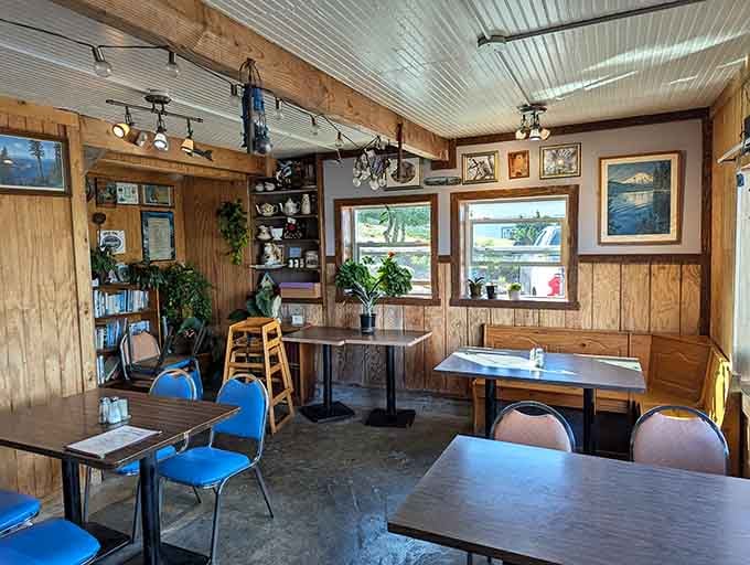 Wood-paneled walls and local artwork create the kind of cozy coastal atmosphere your grandparents would love.