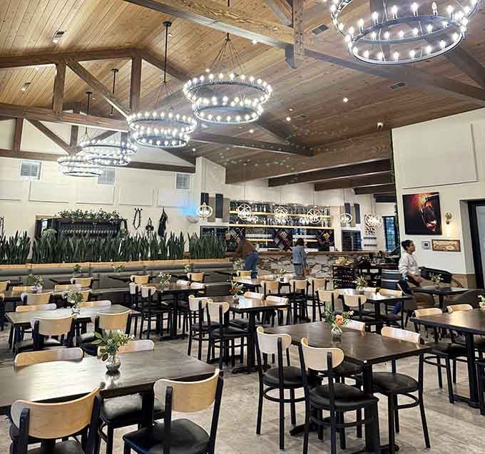 Those circular chandeliers and soaring beams create an ambiance that's equal parts rustic charm and modern elegance.