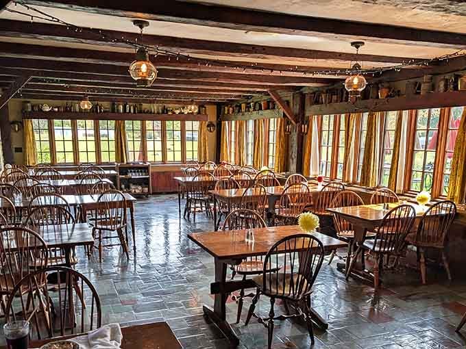Windsor chairs and exposed beams create an atmosphere George Washington would recognize and thoroughly approve of.