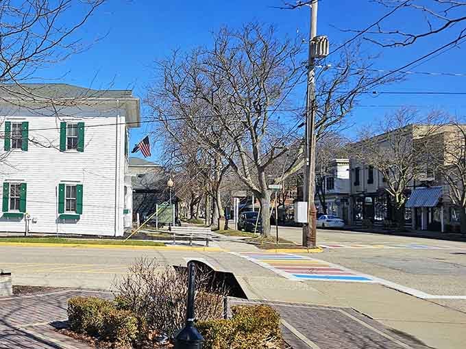 Historic buildings line streets where parking spots are worth their weight in fudge during summer weekends.