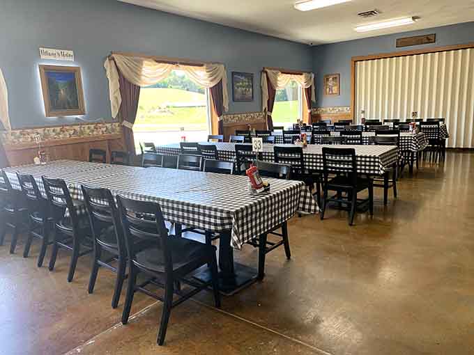 Those checkered tablecloths and natural light create the kind of welcoming space where Sunday dinners feel right.