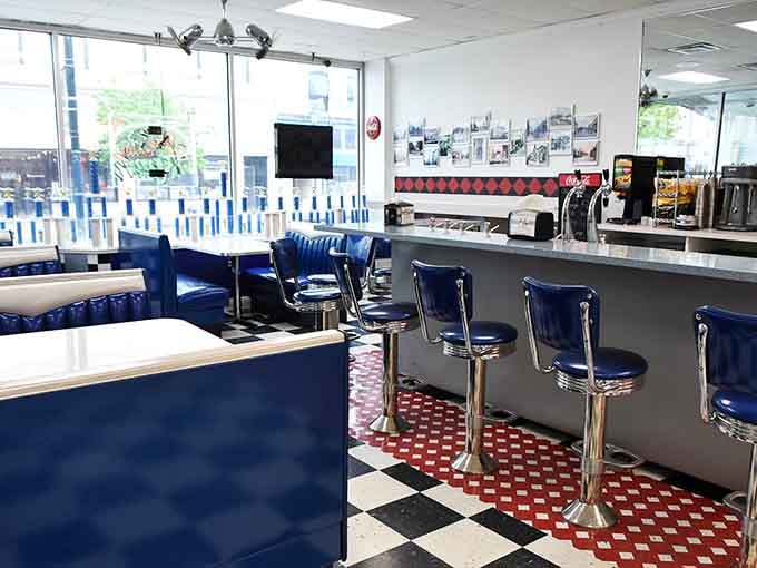 Chrome stools and blue booths create a diner dreamscape where calories magically don't count anymore.