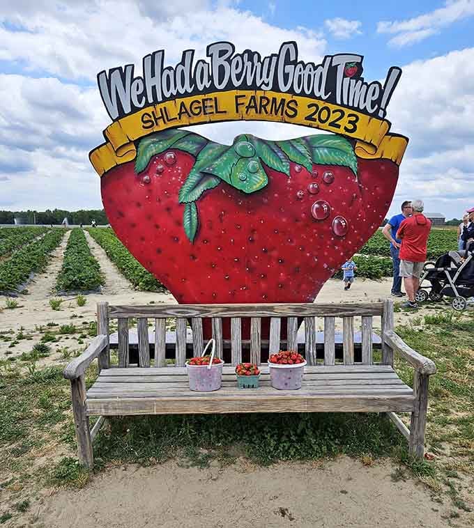 That giant strawberry bowl makes the perfect backdrop for your harvest photo, proving size really does matter sometimes.