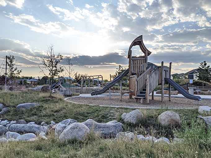 Discover a world of play at Silver Creek Park, where a wooden playground and natural landscape shine under a beautiful sunset.