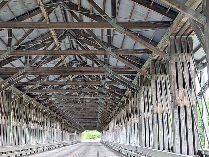 Those wooden lattice trusses create a geometric masterpiece that would make any architect weep with joy.