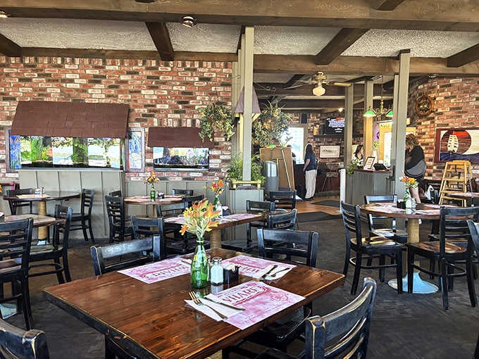 Exposed brick, wooden beams, and natural light create the kind of waterfront atmosphere you can't fake or buy.