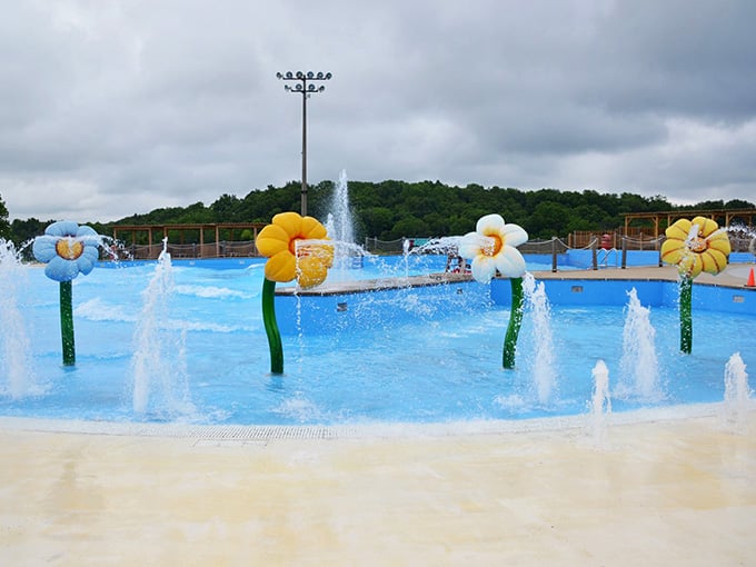 Cheerful flower fountains dance and spray in this whimsical water garden that'd make Alice's Wonderland jealous.