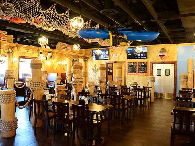 Kayaks and fishing nets overhead transform this dining room into your own personal Louisiana fishing expedition, minus the mosquitoes.
