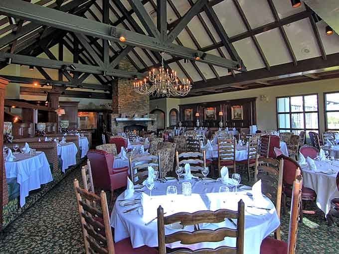 Cathedral ceilings, crystal chandeliers, and white tablecloths that haven't given up on civilization yet.