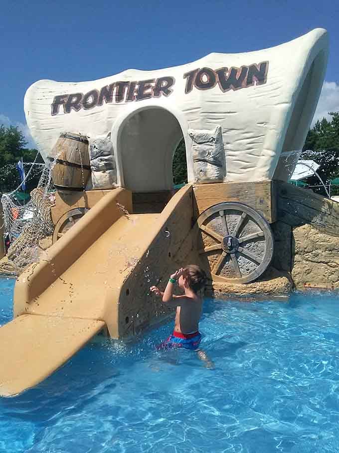 The Frontier Town wagon slide proves that Western theming and water park thrills make surprisingly perfect partners.