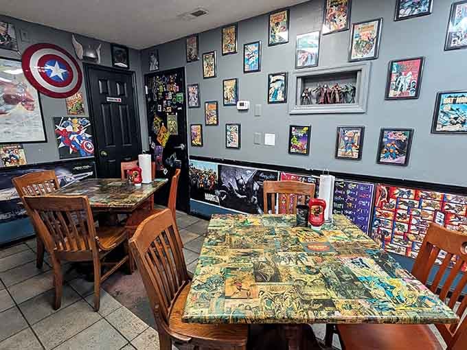Every table tells a story through vintage comic panels, giving you something fascinating to admire between bites.