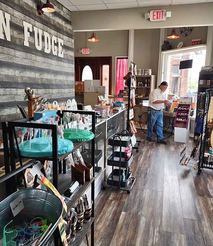 Step inside and that rustic "FUDGE" sign isn't lying – this place means serious business about sugar.