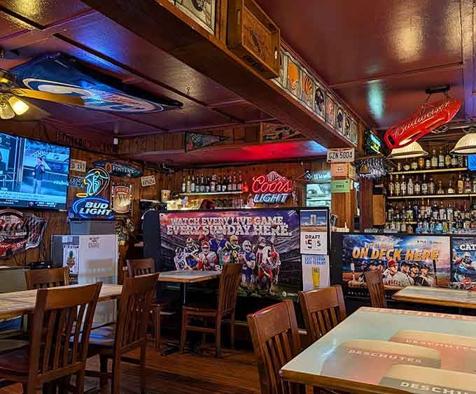 Wood paneling, neon signs, and sports on TV create the perfect trifecta for a memorable meal.