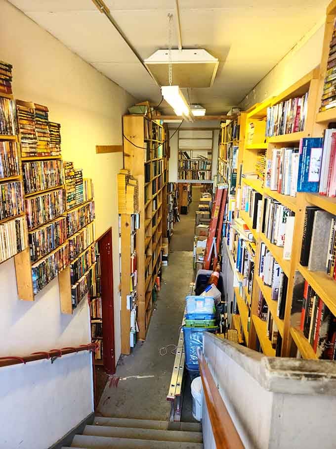Looking down these narrow book canyons feels like peering into infinity, if infinity were made of stories and smelled fantastic.