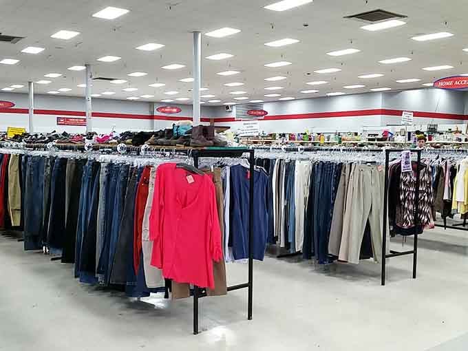 Organized racks stretching into the distance mean you won't need a machete to find your next favorite outfit.