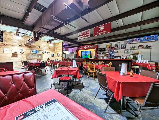 Step inside and find yourself surrounded by vinyl booths, vintage vibes, and the promise of serious comfort food.