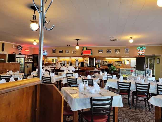 White tablecloths in a roadside cafe mean someone here still believes in doing things right, bless their hearts.